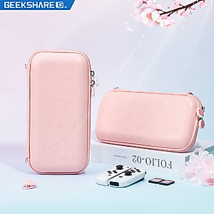 Geekshare Sakura Pink Carry Case Compatible with Nintendo Switch/Switch OLED Model – Ultra Slim Portable Hard Shell Travel Case for Switch Console & Accessories – 10 Game Cards
