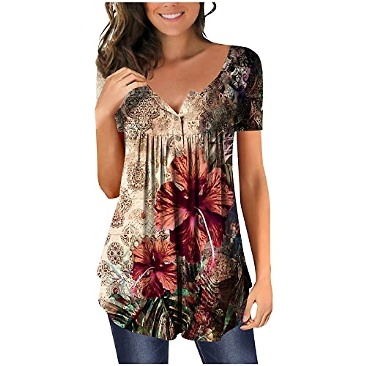 Womens Tunic Tops 2022 Summer Fall Casual Dressy Short Sleeve T Shirts Floral Cute Tees Loose Fit Trendy Blouses for Leggings, Green-03