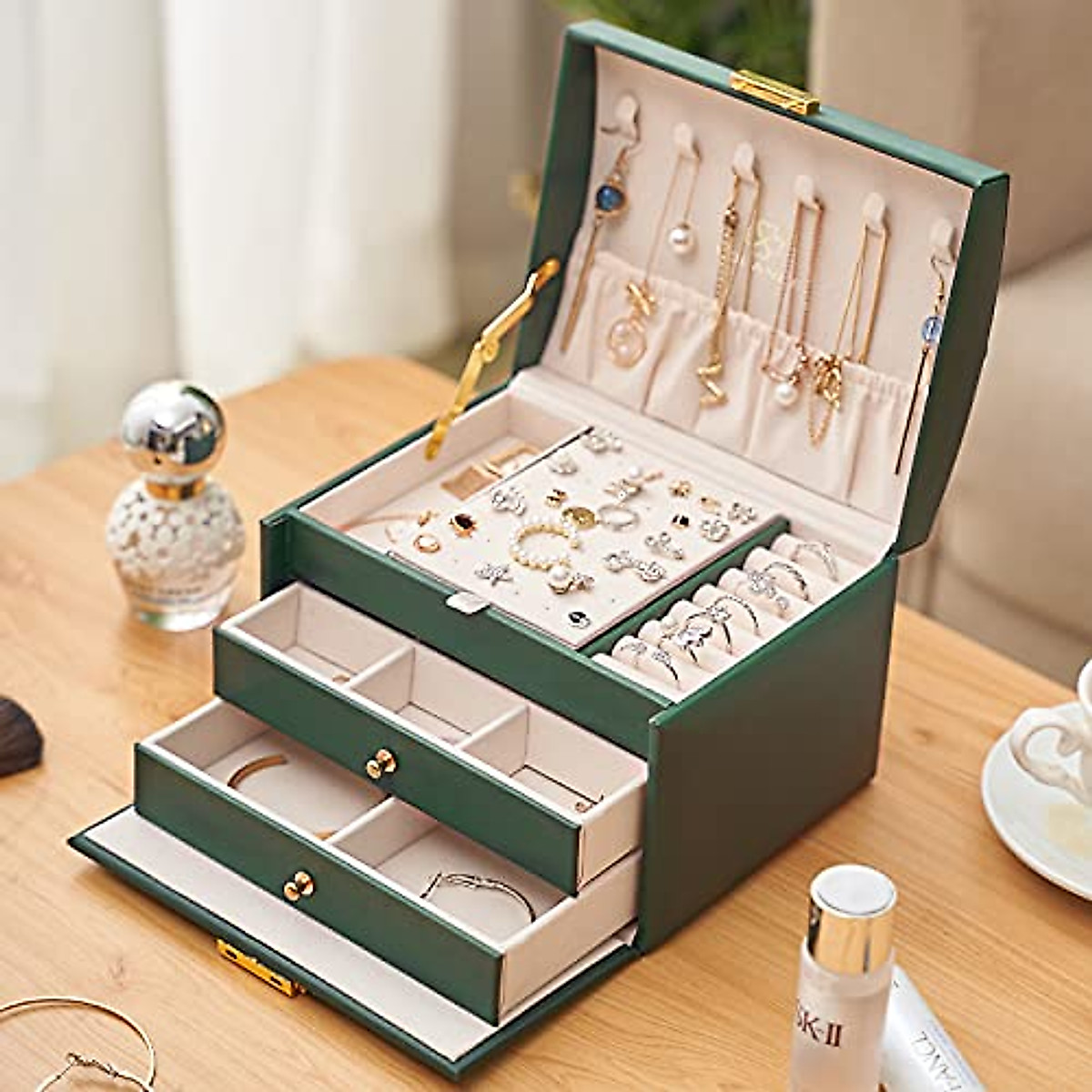Volance Jewelry Box Organizer for Women Girls,3 Layer Medium Sized PU Leather Jewelry Storage Box with Lock and Removable Tray,for Necklace Earrings Rings Bracelets - Green