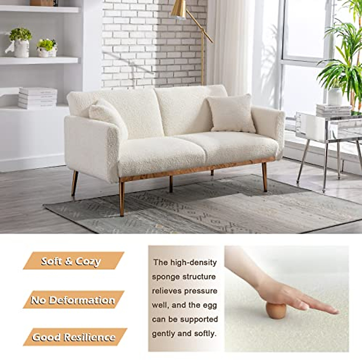 Antetek Futon Sofa Bed with 3 Adjustable Positions, Small Sleeper Sofa Loveseat with 2 Decorative Pillows, Modern Upholstered Convertible Couch with 5 Metal Tapered Legs, White Teddy