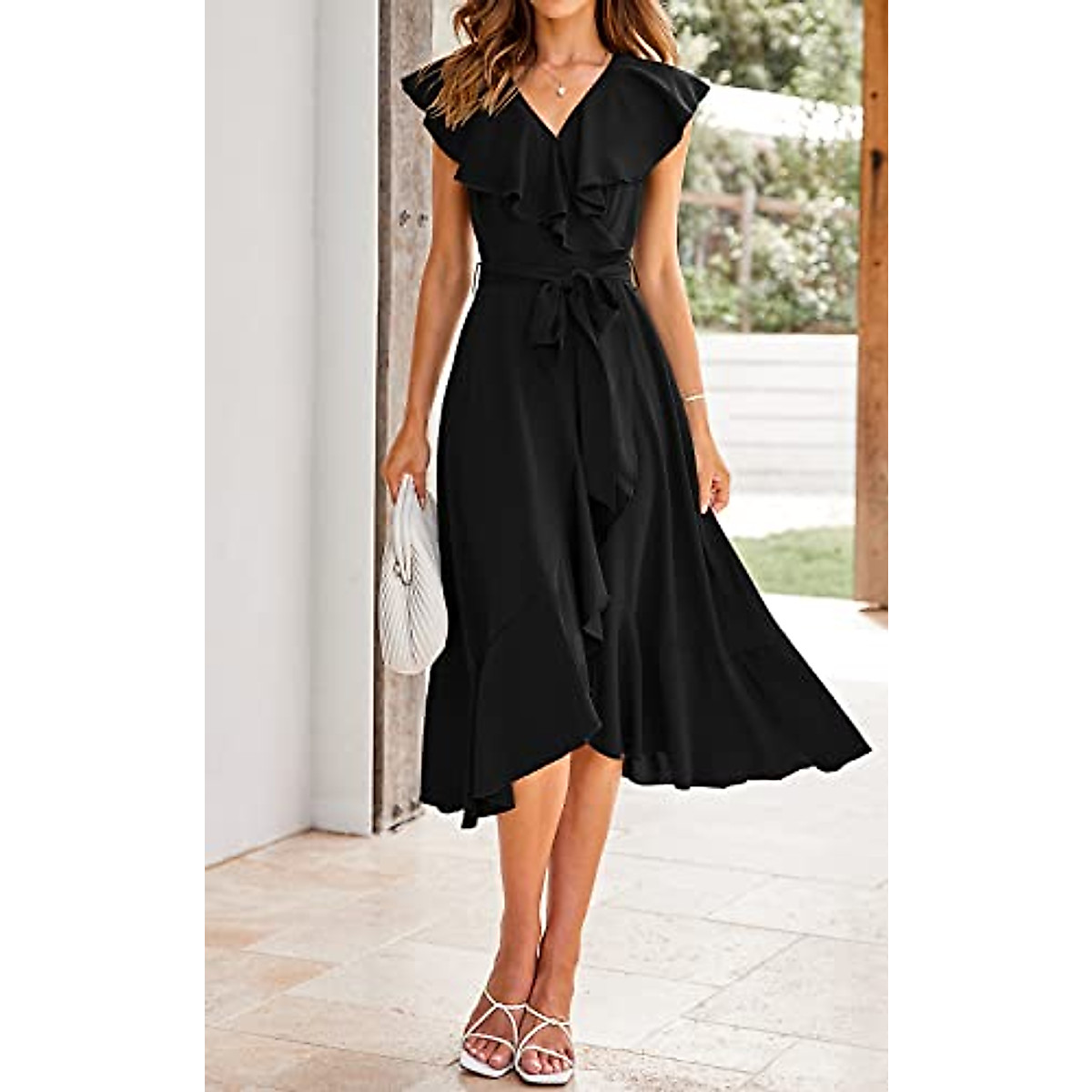 PRETTYGARDEN Women's Summer Wrap Maxi Dress Casual Boho Deep V Neck Short Sleeve Ruffle Hem Split Beach Long Dresses (Black,Large)