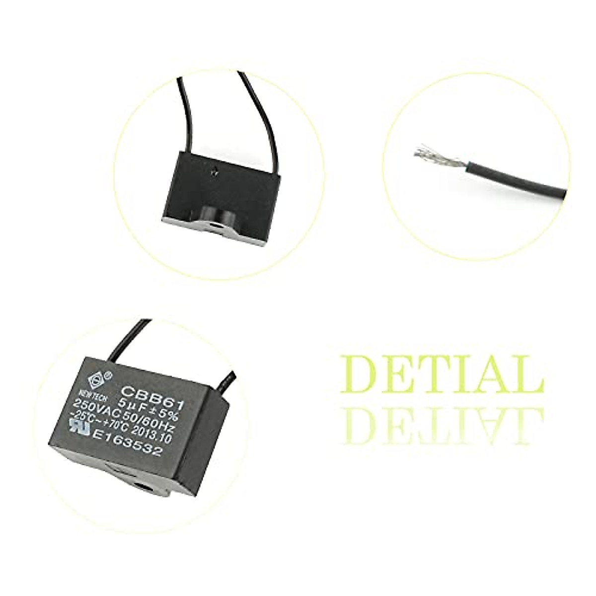 CBB61 5UF 250VAC Ceiling Fan Capacitor for New Tech 50/60HZ 2 Wire (2 pack ）