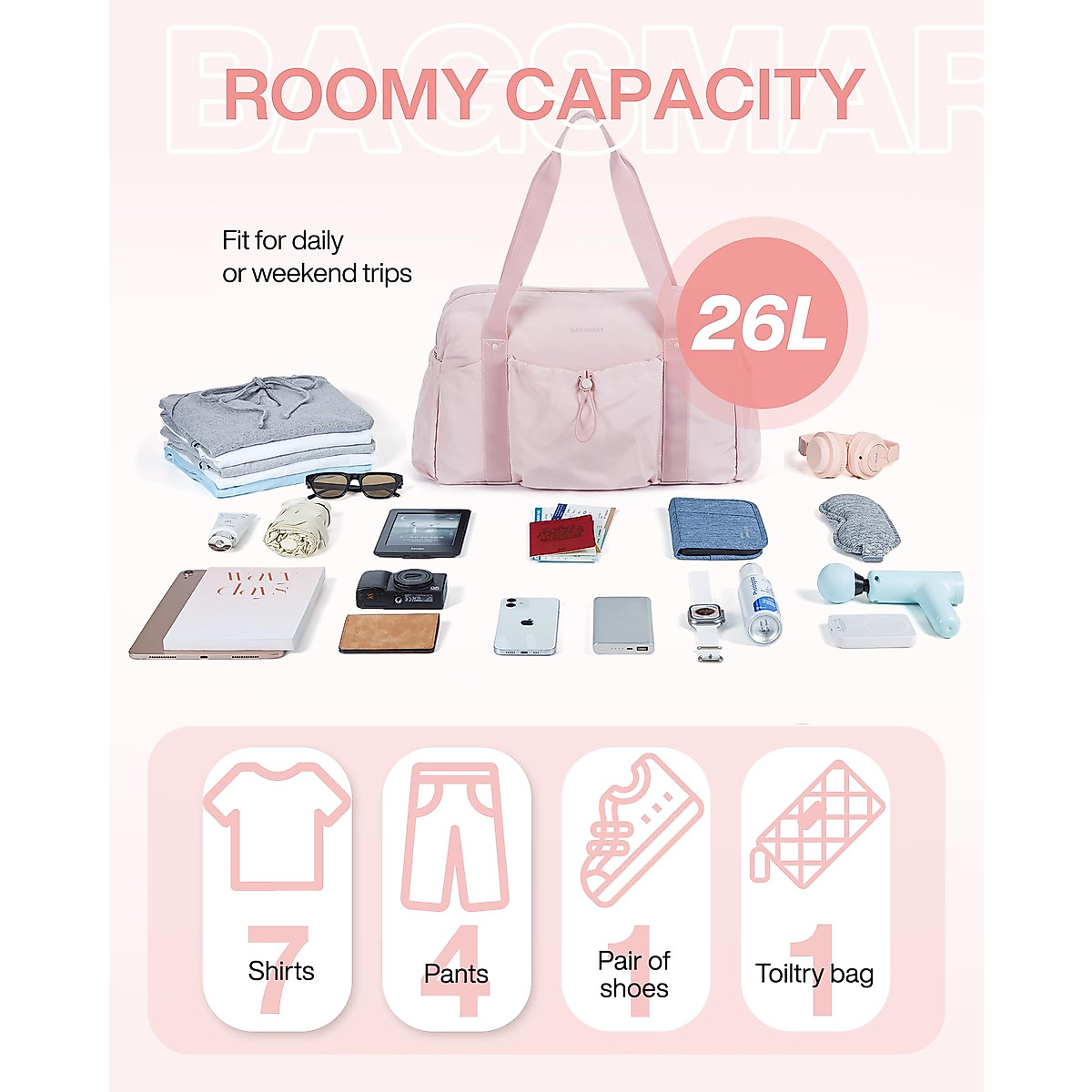 BAGSMART Foldable Travel Duffle Bag For Women, Gym Tote Bag for Sports, 26L Airport Carry On Weekender Overnight Bag for Travel, Travel Accessories(Baby Pink)