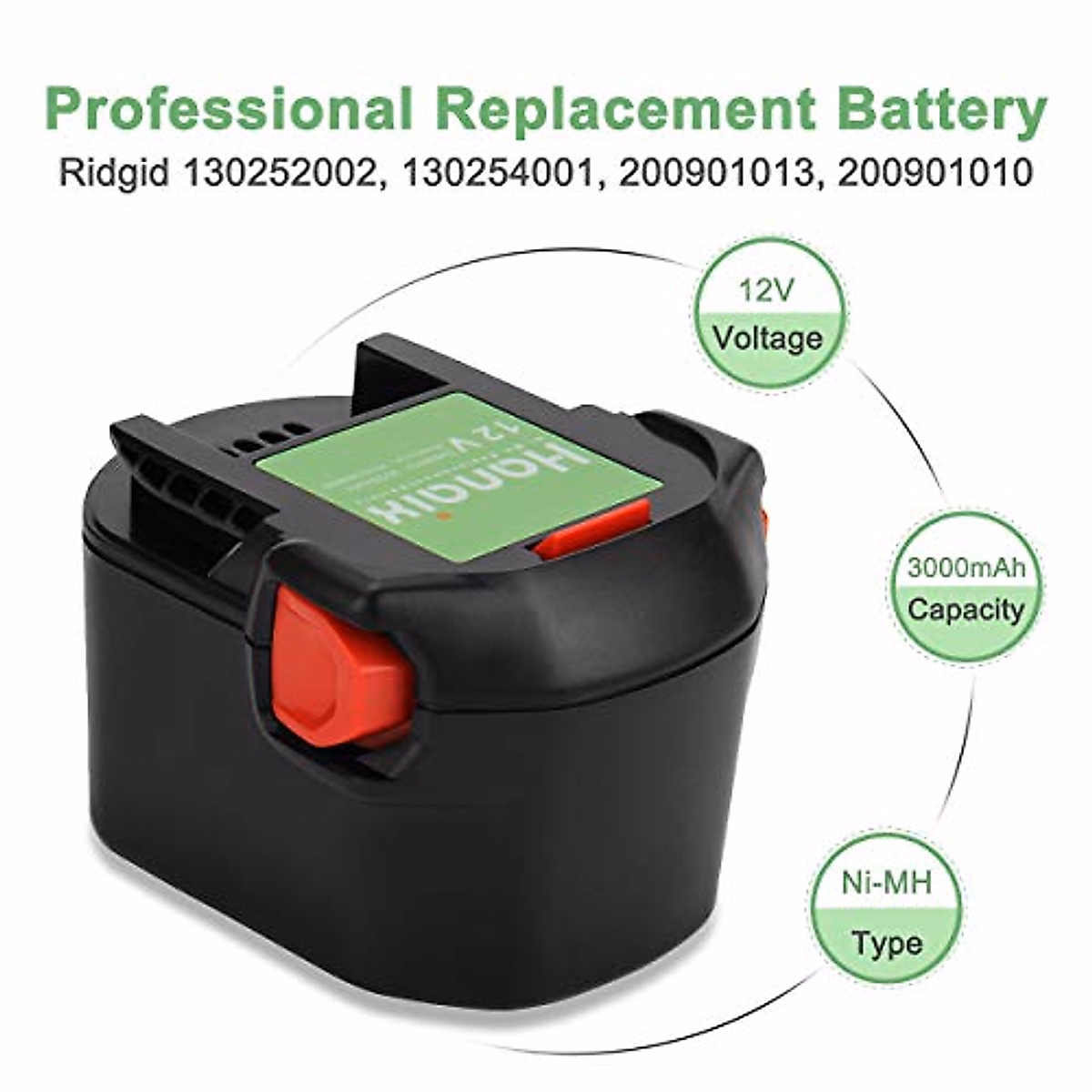 Hanaix 3.0Ah 12V Ni-MH Replacement Battery Compatible with Ridgid 130252002, 130254001, 200901013, 200901010, R82015 R820011 R82233 R82001 R8408 R829 AEG B1214G B1215R B1220R