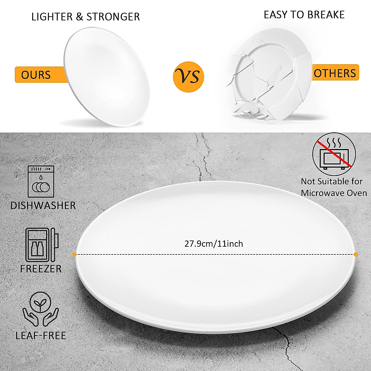 HSDT Melamine Restaurant Plates White 11 Inch Wide Side Flat Bottom Deep Round Dinner Plates Salad Plates Lunch Plates Durable and Easy to Clean Set of 6,PYW-11-06