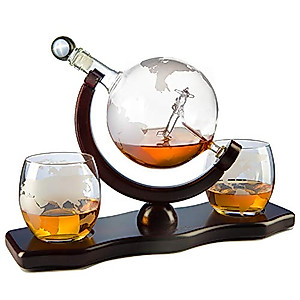 Etched World Decanter Whiskey Globe - Antique Airplane The Wine Savant 850ml, Whiskey Stones and 2 World Map 10 oz Glasses, Pilot Gift