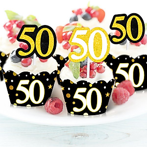24pcs Dessert Cupcake Topper 24pcs Cupcake Wrappers Cheer to 50 Years Old Theme Decor Supplies Men Women Happy 50th Birthday Wedding Anniversary Party Decoration