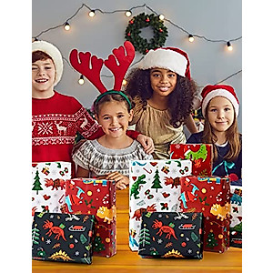 Christmas Dinosaur Wrapping Paper - 10 Sheets 20" x 27" Boys Dinosaur Wrapping Paper Kids Christmas Wrapping Paper Flat Fold Holiday Wrapping Paper Xmas Dinosaur Gift Wrap Birthday Wrapping Paper