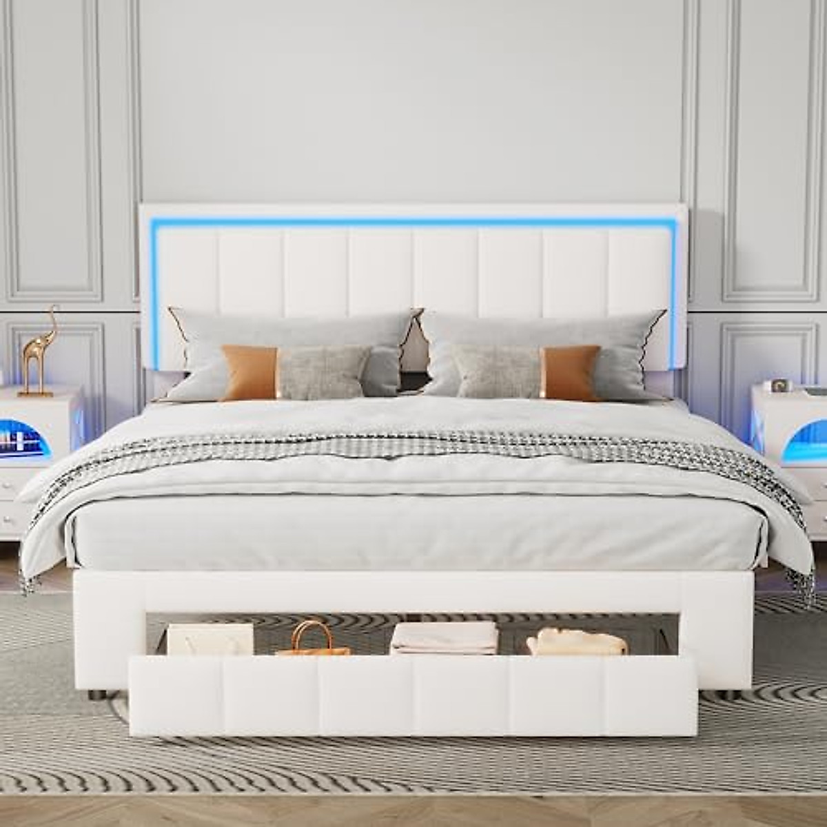 Modern Queen Size Upholstered Platform Bed with LED Lights and 2 Motion Activated Night Lights, PU Leather Platform Bed Frame Mattress Foundation with Storage Drawer for Bedroom Guest Room (White-A4)