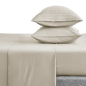 CozyLux Hotel Luxury Full Bed Sheets Set - 1800 Series 4-Piece Embroidered Microfiber Sheets, Double Brushed, 16" Deep Pocket, Soft and Wrinkle-Resistant, Beige