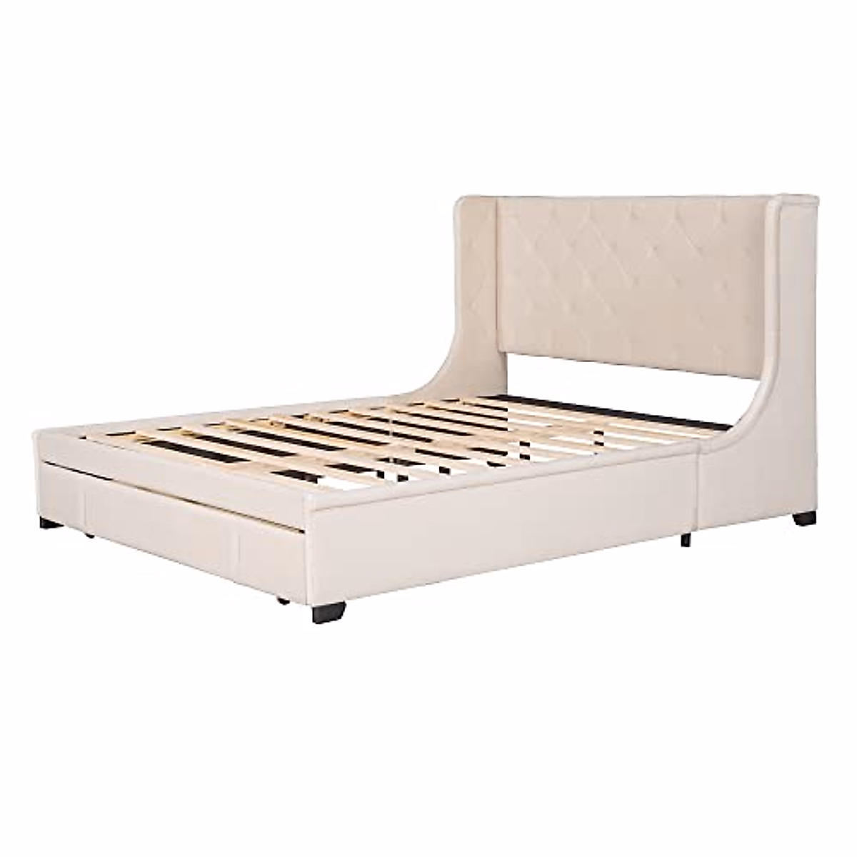 HBRR Queen Size Platform Bed Frame with Wingback Headboard and a Big Drawer, Velvet Upholstered Storage Bed, Wooden Slats Support, No Box Spring Needed, Easy to Assemble, Beige