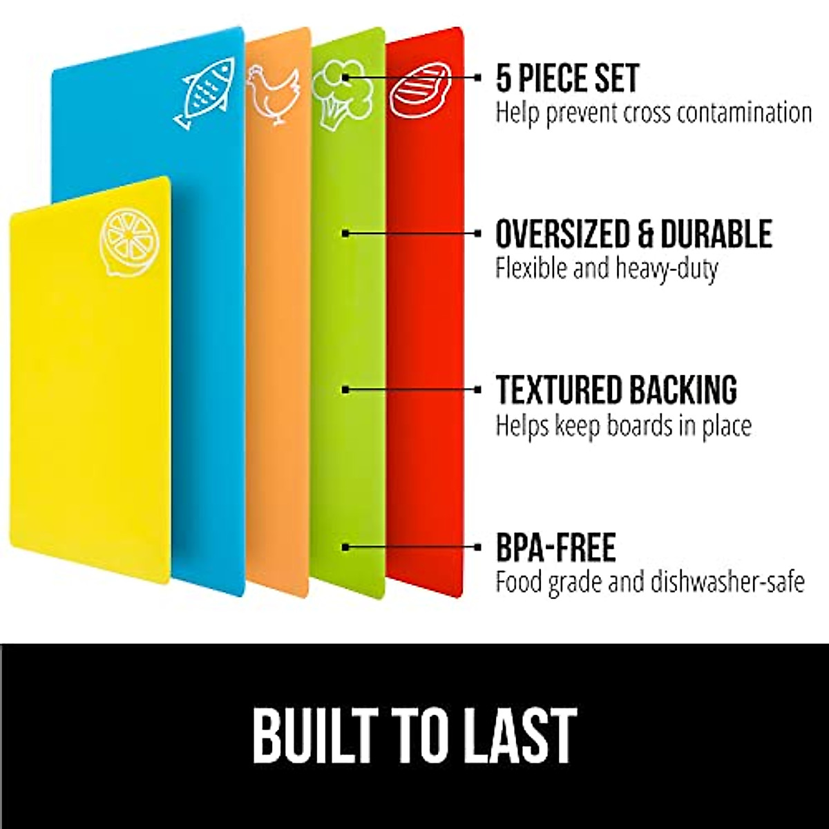 Gorilla Grip Cutting Boards for Kitchen, Set of 5 Durable Mats with Food Icons, Flexible Dishwasher Safe Plastic, Slip Resistant BPA Free Large Mat for Meat, Fish, Vegetables, Chopping Board, Multi