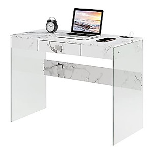 Convenience Concepts SoHo Glass Desk with Charging Station, 42", Faux White Marble & SoHo 4 Tier Tower Bookcase, White Faux Marble