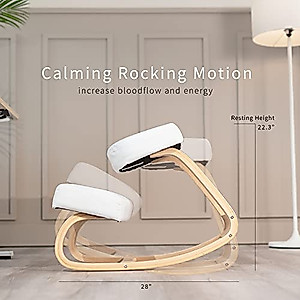 VIVO Wooden Rocking Kneeling Chair, Ergonomic Rocker Stool for Home and Office, Angled Posture Seat, Light Wood Frame & White Cushions, CHAIR-K04RW