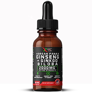Korean Red Panax Ginseng 2000mg + Ginkgo Biloba Extra Strength Root Extract Supplement for Men & Women,High Ginsenosides, 2 fl oz Natural Advanced Liquid Extract for Energy, Performance & Focus