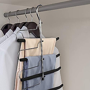 HOUSE DAY Pants Hangers 4 Layers Space Saving Multi Functional Pants Rack Non-Slip Clothes Closet Storage Organizer for Pants Jeans Trouser Skirts Scarf Black (4 Pack)