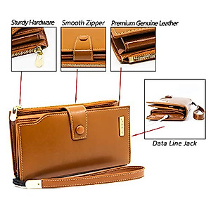 ANDOILT Women's RFID Blocking Large Capacity Luxury Wax Genuine Leather Clutch Wallet Card Holder Organizer Ladies Purse Cell Phone Handbag Brown