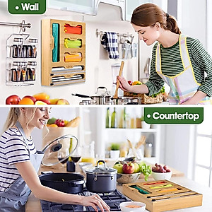 Bamboo Ziplock Bag Organizer - Foil and Plastic Wrap organizer with cutter - Holds up to 12” rolls - Baggie Organizer for Gallon, Quart, Sandwich, Snack Bags - Kitchen Organization - Drawer organizer