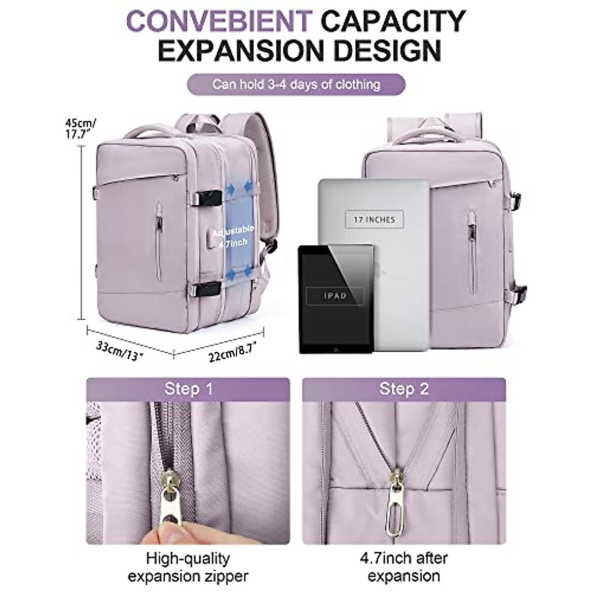 Large Travel Backpack for Women,Carry On Backpack,Expandable Airline Airplane Approved Weekender Backpack,Hiking Backpack,Laptop Backpack with USB Charging Port,Waterproof 40L Backpack, Lotus Pink