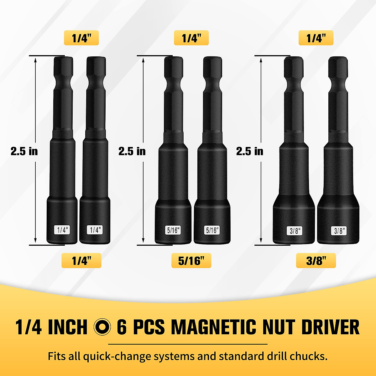 BOEN 1/4 inch Magnetic Nut Driver Set, 6 Piece Impact Drill Driver Bit Set, Length 1/4", 5/16", 3/8", Quick-Change Hex Shank SAE Nut Driver, Cr-V Steel, Black Manganese Phosphate Coating