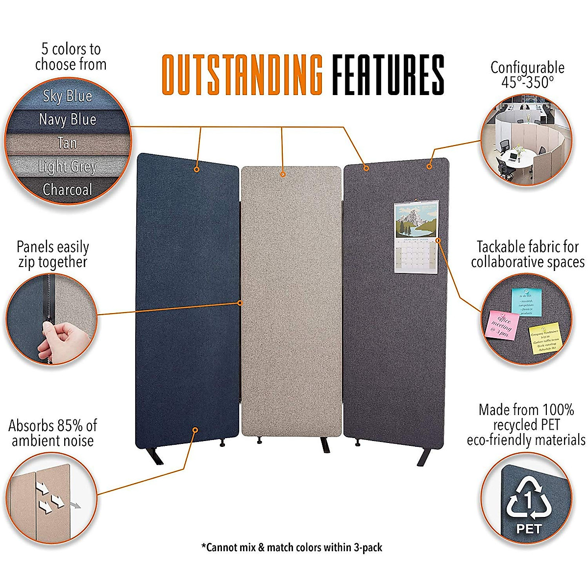 Stand Steady ZipPanels Office Partition | Room Dividers | Three Zip Together Panels Provide Privacy and Reduce Ambient Noise in Workspace, Classroom and Healthcare Facilities (Light Gray / 3 Panels)