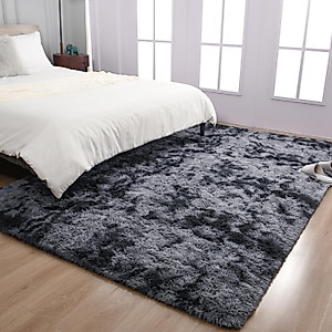 TWINNIS 4x6 Large Shag Area Rugs for Living Room Bedroom, Tie-Dye Dark Grey Indoor Super Soft Fuzzy Plush Rugs, Upgrade Anti-Skid Modern Rugs Fluffy Carpets for Kids Room Nursery Home Decor