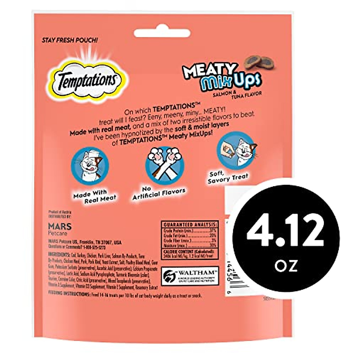TEMPTATIONS Meaty MixUps Savory Cat Treats, Salmon & Tuna Flavor, 4.12 oz. Pouch