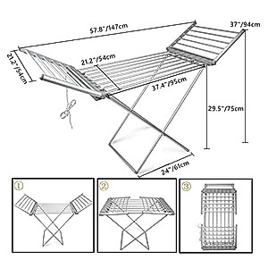 tonchean Heated Drying Rack Folding Electric Clothes Drying Rack, Collapsible Laundry Drying Rack, Free-Standing Heating Garment Dryer Towel Rail Space Saving for Home Indoor/Outdoor
