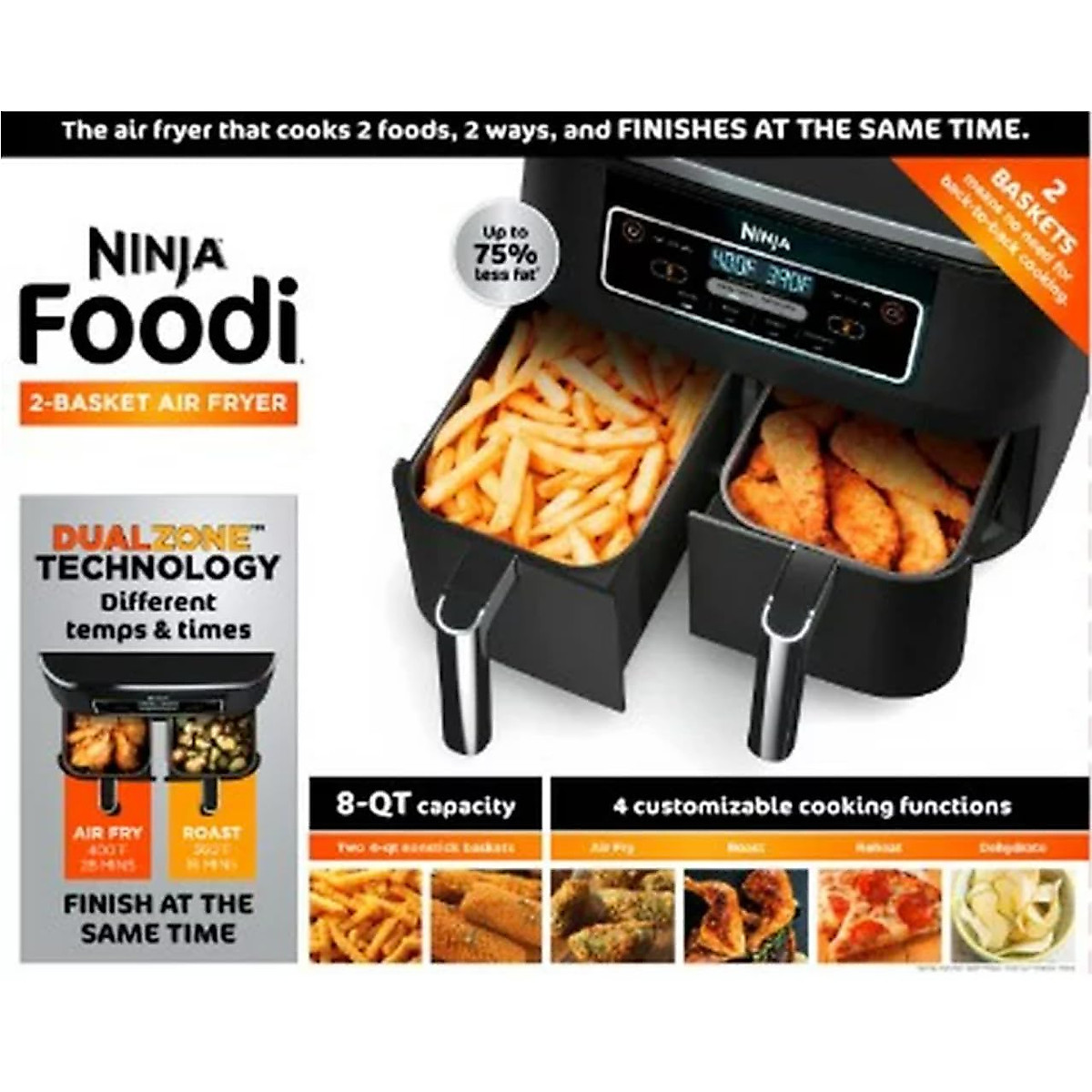 Ninja Foodi 4-in-1 8-Quart. 2-Basket Air Fryer with DualZone Technology- Air Fry, Roast, and More
