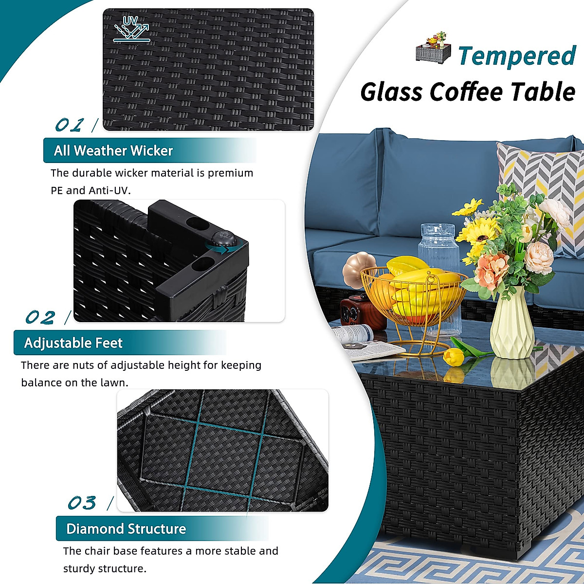 SUNLEI 7pcs Patio Conversation Sets Outdoor Furniture Sets, High Back All-Weather Rattan Sectional Sofa with Tea Table&Washable Couch Cushions(Black Rattan)(Aegean Blue)