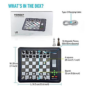 Vonset Core L6 Computer Chess Game Electronic Chess Set Computer Chess Board with LED Light Chess Computer for Adults and Kids with Double Queen Pieces for Beginners