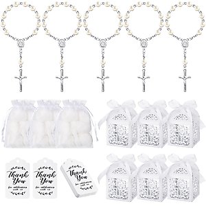 MTLEE 100 Pieces Baptism Favors Set Includes 25 Mini Rosary Baptism Favors 25 Baptism Favor Boxes 25 White Organza Bags with Drawstring 25 Thank Tags for Baby Shower Christian Gifts (Silver)