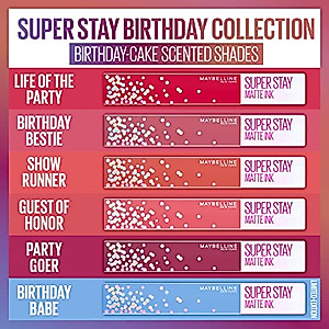 Maybelline New York Super Stay Matte Ink Liquid Lipstick, Transfer Proof, Long Lasting, Limited Edition Birthday Cake Scented Shades, Show Runner, 0.17 Fl Oz