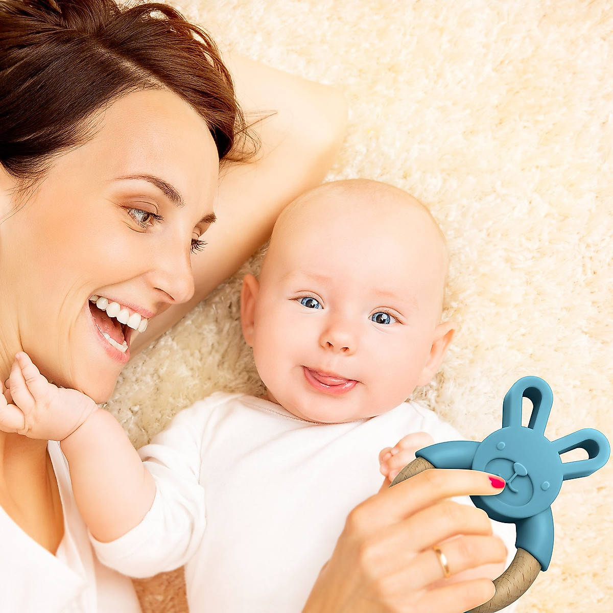 LittleFoot Nation Organic & Natural Bunny Rabbit Baby Teether Ring, 100% BPA Free Pure Food Grade Silicone & Beech Wood, Teething Pain Relief Toy for Toddlers & Infants (Blue)