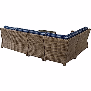 Crosley Furniture Bradenton 5-Piece Outdoor Sectional Sofa Wicker Conversation Patio Furniture Set for Deck, Brown with Navy Cushions