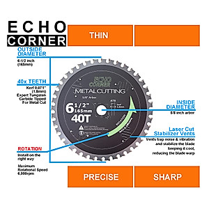 Echo Corner 6-1/2" Steel Cutting Circular Saw Blade, for Mild Steel Sheet Carbon Steel Plate Angle-Iron or Other Tough Metal, Carbide TCT 40-Tooth 5/8" Arbor