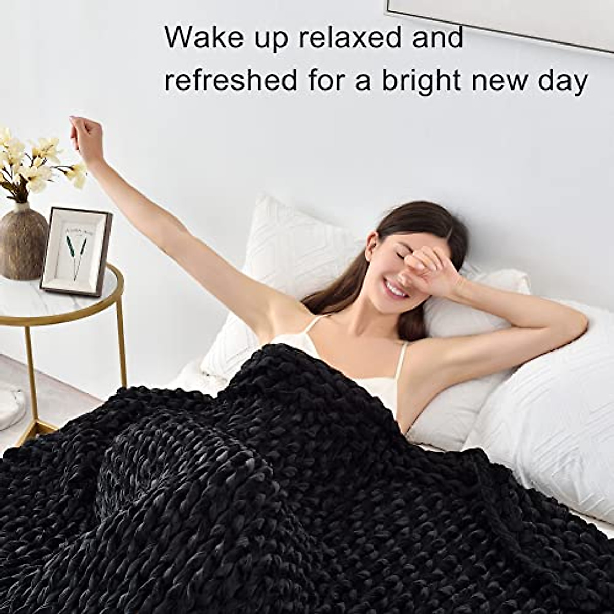 Handmade Chunky Knitted Weighted Blanket Velvet Knit Throw for Sleep,No Filler,Evenly Weighted,Soft Cozy(Black,51"x63"-13.5lbs)