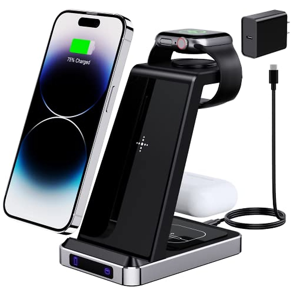 Charging Station for iPhone Multiple Devices - 3 in 1 Fast Wireless Charger Dock Stand for iPhone 14 13 12 11 Pro X Max XS XR 8 7 Plus 6s 6 Apple Watch Series 7 6 SE 5 4 3 2 & Airpods with Adapter