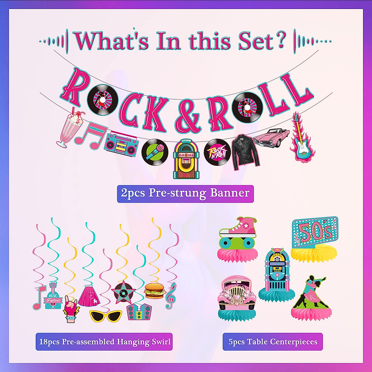 25 Pieces 50's Party Decorations Include Rock and Roll Banner, 50s Theme Hanging Swirls and Honeycomb Centerpieces for 1950s Party Decorations, Back to 50's Rocking Party Supplies