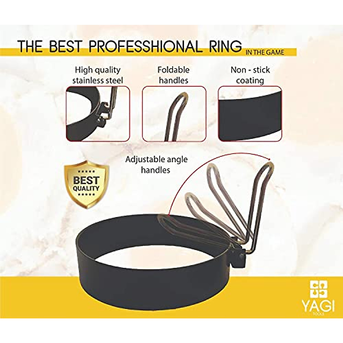 YAGITools Egg Rings Mold- Set of 4 Round Egg Rings for Egg McMuffins - Rust & Leak proof Egg Rings for Frying Eggs - Egg Molds with Foldable Handles + Silicone Basting Brush (3.5 inch), black