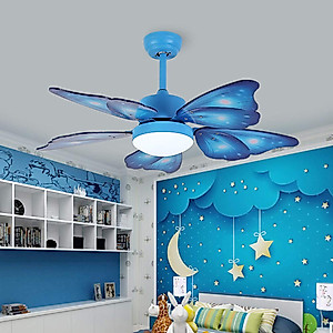 KWOKING Lighting Creative Butterfly Wing Ceiling Light and Fan with Remote Control 5 Blades LED Bedroom Hanging Fan Light Adjustable Speed for Kids Bedrooms - Blue