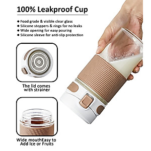 TKK Glass Travel Coffee Mug with Lid 15 OZ Leak Proof Reusable Coffee Cup with Silicone Sleeve - BPA Free, White-NEW