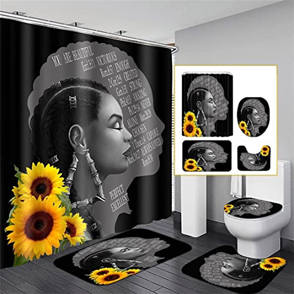 JQH store 4PCS African American Shower Curtain Set with Non-Slip Rugs Toilet Lid Cover and Bath Mat Shower Curtain with 12 Hooks Bathroom Sets with Shower Curtain and Rugs and Accessories