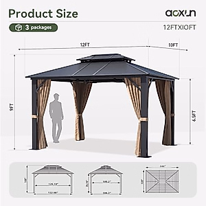 Aoxun 12' X 20' Hardtop Gazebo, Galvanized Steel Double Top, Aluminum Metal Gazebo with Curtains and Netting, Permanent Gazebo Pavilion for Wedding, Party, Outdoor Dining