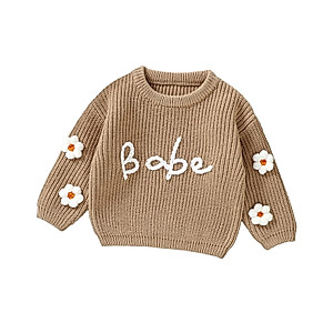 Baby Girl Cable Knit Sweater Long Sleeve Boho Floral Embroidery Oversized Sweatshirt Warm Fall Winter Clothes (Khaki-Babe, 6-9 Months)
