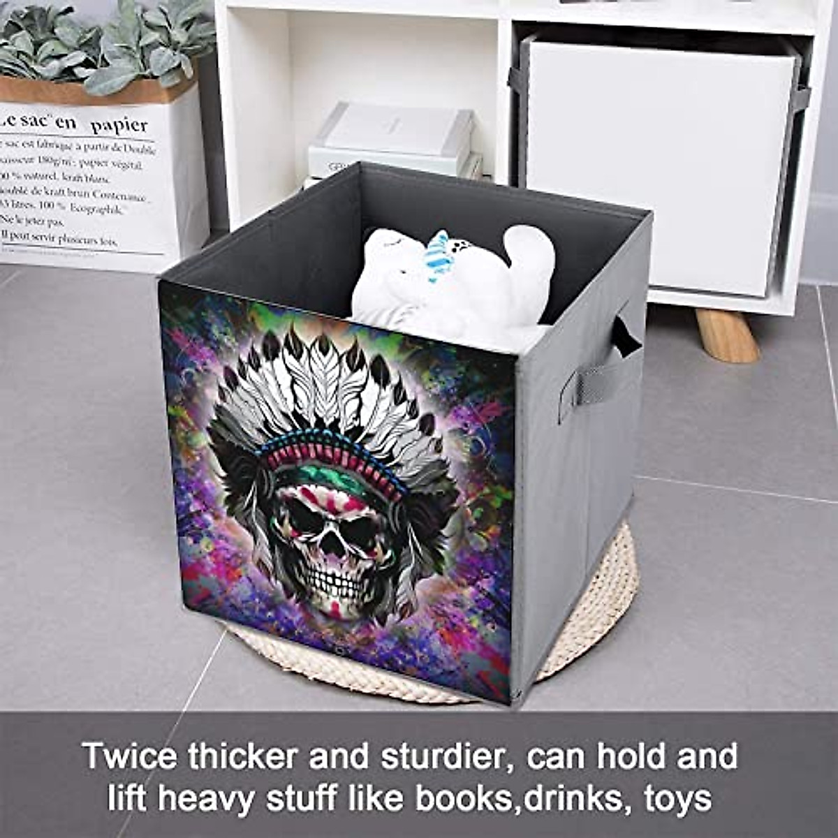 Indian Skull Collapsible Storage Bins Basics Folding Fabric Storage Cubes Organizer Boxes with Handles
