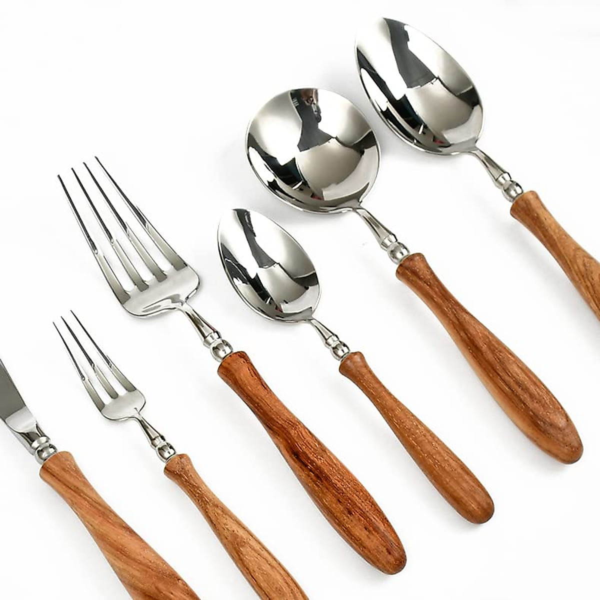 Soup Spoons, 4 pieces 18/8 Stainless Steel Round Spoons Dinner Spoons with Wood Handle, Flatware Silverware Eating Utensils Table Spoons for Home Kitchen, Mirror Polish, 7.28-Inch