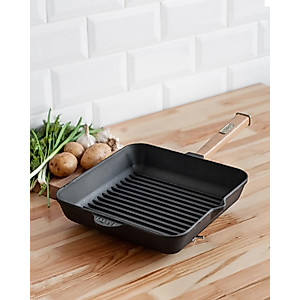 STP GOODS Cast Iron Grill Pan with Removable Wooden Handle 10.2" Kitchen Cooking Pan 2.74 Qt Square Cast Iron Skillet, Camping Pan for Indoor and Outdoor Cooking, Induction Safe, Black