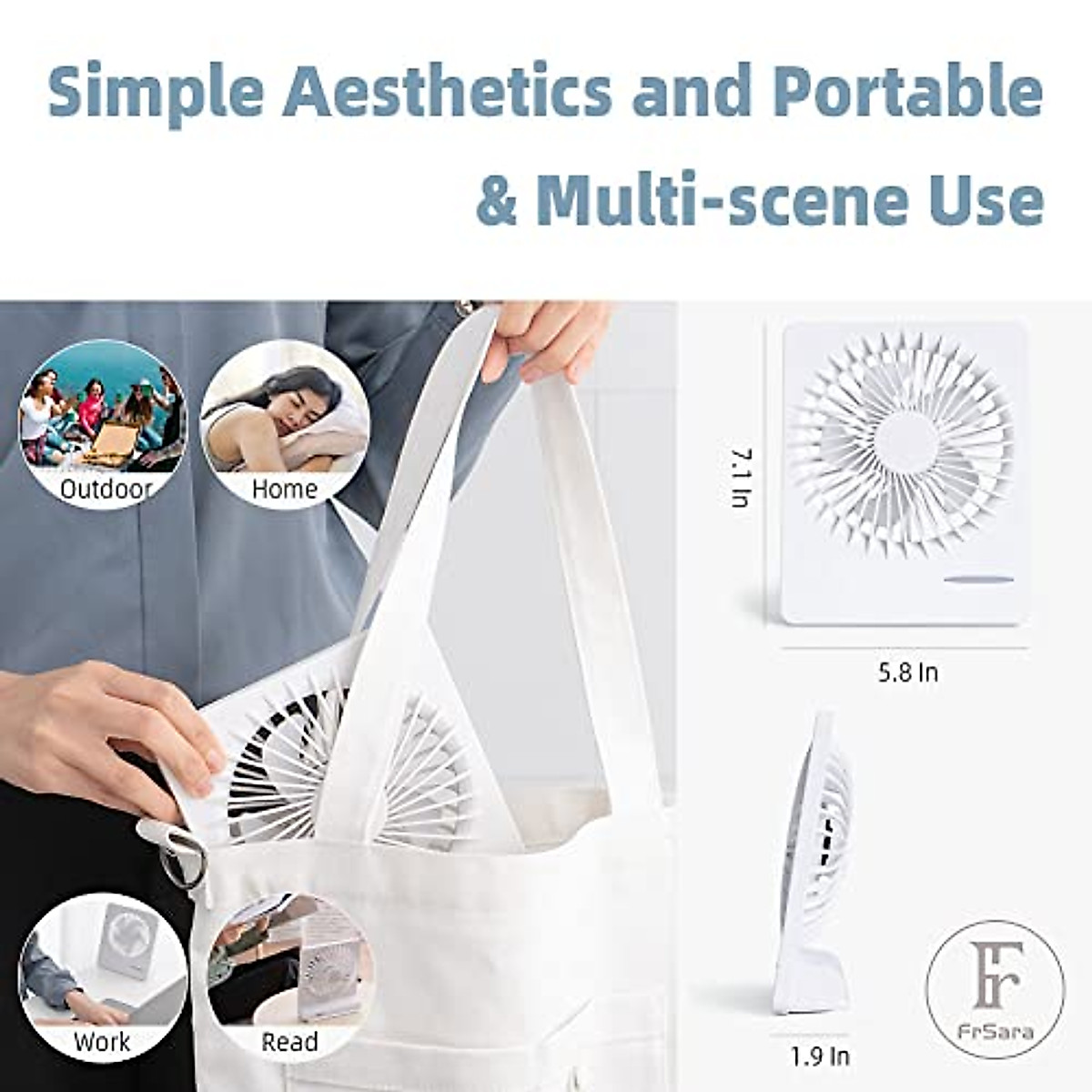 FrSara Fan USB Desk Personal Fan, 4.5Lnch，Long Battery Life, Quiet Portable Mini Table Fan, Three Wind Speed Adjustment, Small Portable and Personal Fan Perfect for Use in Home, Office, Desktop