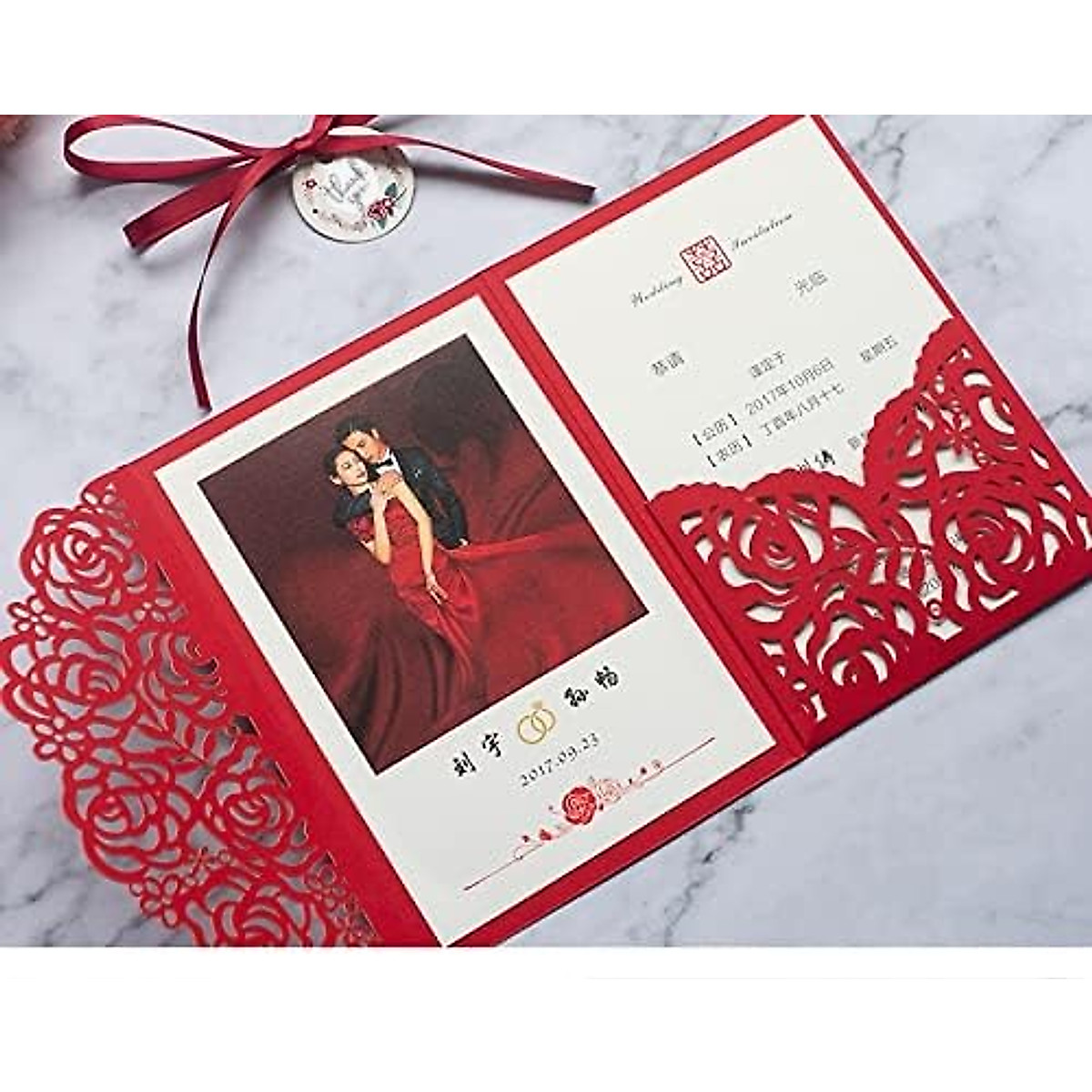 Cylallen 20sets 4.9x 7 inch Rose Laser Cut Wedding Invitation Jacket Pocket for Quinceanera Bridal Shower Baby Shower Party Dinner Invite (Red)